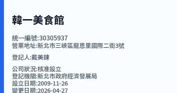 韓一美食館的照片-統編 30305937(新北市) 公司登記資料與營業項目詳細圖表