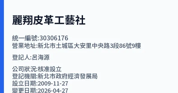 麗翔皮革工藝社的照片-統編 30306176(新北市) 公司登記資料與營業項目詳細圖表