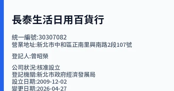 長泰生活日用百貨行的照片-統編 30307082(新北市) 公司登記資料與營業項目詳細圖表
