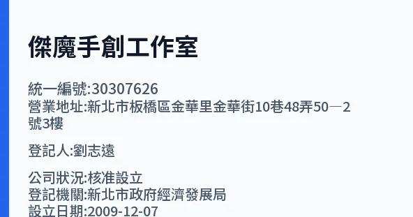 傑魔手創工作室的照片-統編 30307626(新北市) 公司登記資料與營業項目詳細圖表