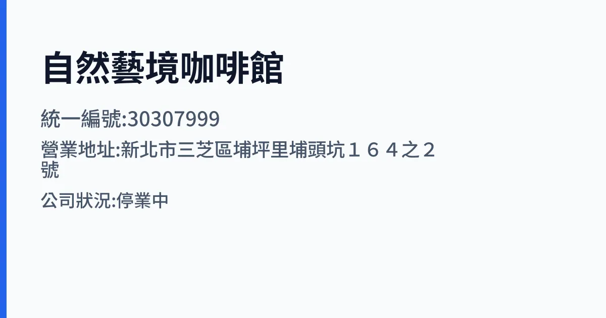 自然藝境咖啡館 - 統編 30307999(新北市) 公司登記資料與營業項目詳細圖表