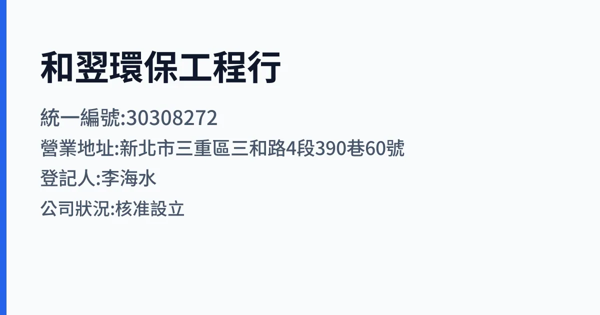 和翌環保工程行 - 統編 30308272(新北市) 公司登記資料與營業項目詳細圖表