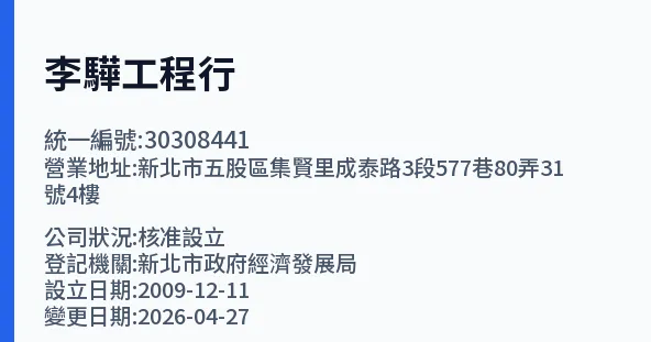 李驊工程行的照片-統編 30308441(新北市) 公司登記資料與營業項目詳細圖表