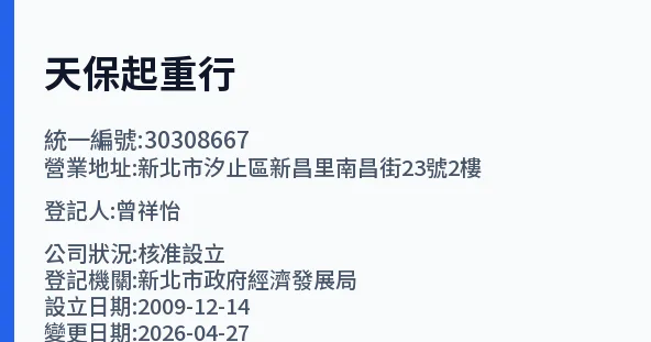 天保起重行的照片-統編 30308667(新北市) 公司登記資料與營業項目詳細圖表