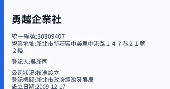 勇越企業社的照片-統編 30309407(新北市) 公司登記資料與營業項目詳細圖表