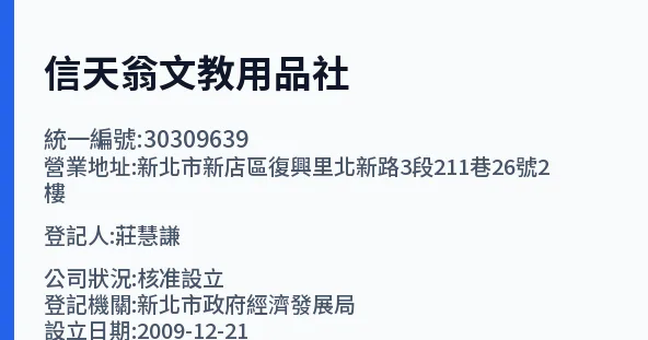 信天翁文教用品社的照片-統編 30309639(新北市) 公司登記資料與營業項目詳細圖表