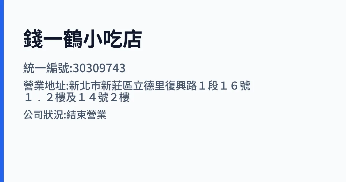 錢一鶴小吃店 - 統編 30309743(新北市) 公司登記資料與營業項目詳細圖表