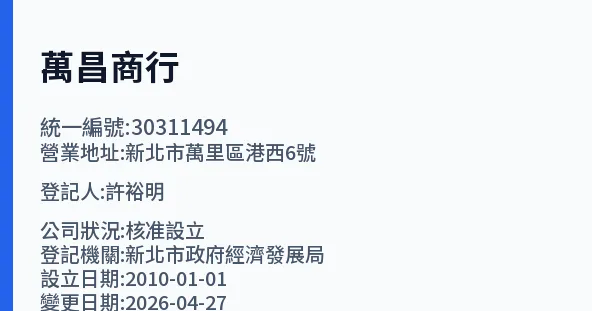 萬昌商行的照片-統編 30311494(新北市) 公司登記資料與營業項目詳細圖表