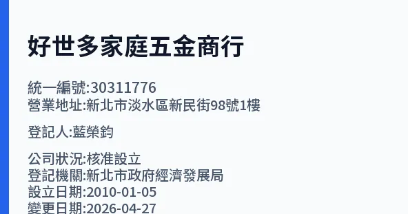 好世多家庭五金商行的照片-統編 30311776(新北市) 公司登記資料與營業項目詳細圖表