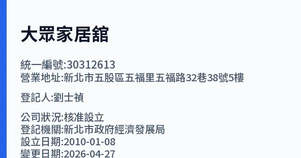 大眾家居舘的照片-統編 30312613(新北市) 公司登記資料與營業項目詳細圖表