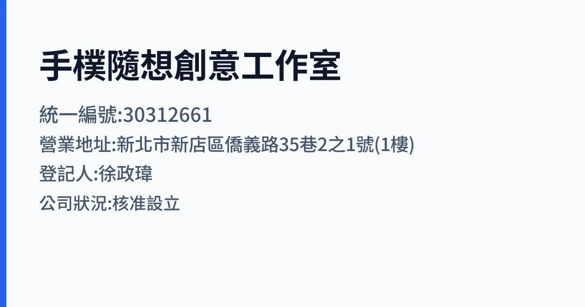 手樸隨想創意工作室 - 統編 30312661(新北市) 公司登記資料與營業項目詳細圖表