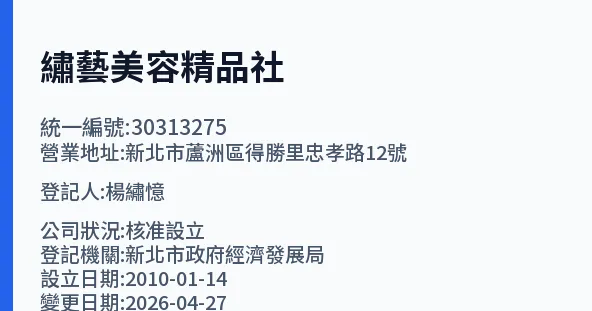 繡藝美容精品社的照片-統編 30313275(新北市) 公司登記資料與營業項目詳細圖表