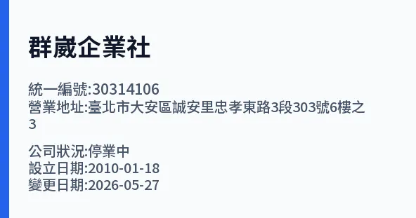 群崴企業社的照片-統編 30314106(臺北市) 公司登記資料與營業項目詳細圖表