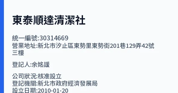 東泰順達清潔社的照片-統編 30314669(新北市) 公司登記資料與營業項目詳細圖表