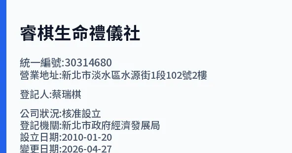 睿棋生命禮儀社的照片-統編 30314680(新北市) 公司登記資料與營業項目詳細圖表