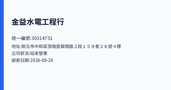 金益水電工程行的照片-統編 30314751(新北市) 公司登記資料與營業項目詳細圖表