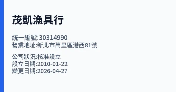 茂凱漁具行的照片-統編 30314990(新北市) 公司登記資料與營業項目詳細圖表