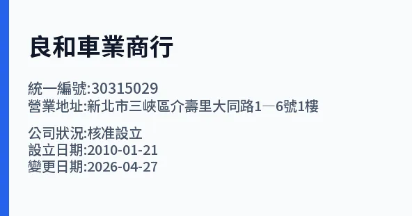 良和車業商行的照片-統編 30315029(新北市) 公司登記資料與營業項目詳細圖表