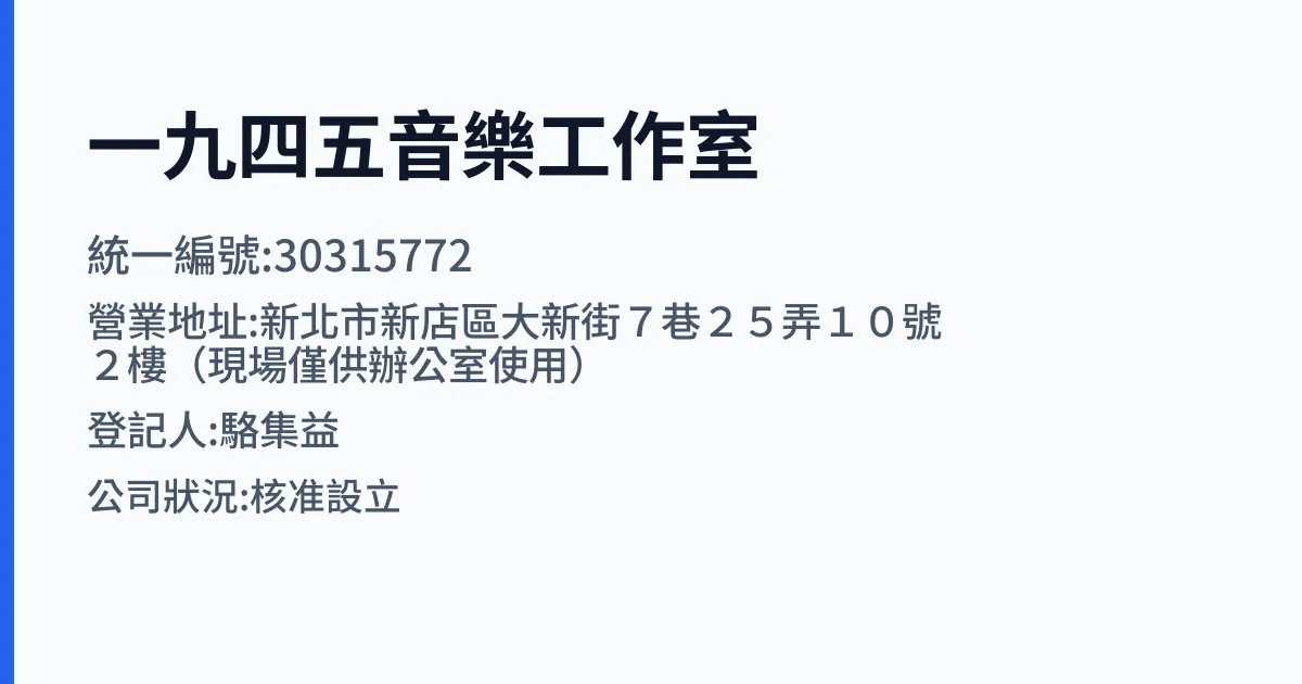 一九四五音樂工作室 - 統編 30315772(新北市) 公司登記資料與營業項目詳細圖表