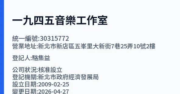 一九四五音樂工作室的照片-統編 30315772(新北市) 公司登記資料與營業項目詳細圖表