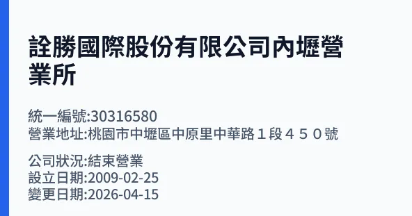 詮勝國際股份有限公司內壢營業所的照片-統編 30316580(桃園市) 公司登記資料與營業項目詳細圖表