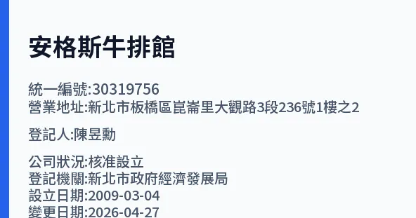 安格斯牛排館的照片-統編 30319756(新北市) 公司登記資料與營業項目詳細圖表