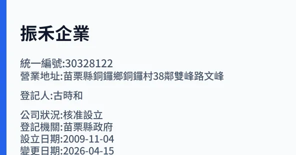 振禾企業的照片-統編 30328122(苗栗縣) 公司登記資料與營業項目詳細圖表