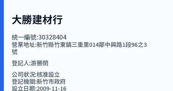 大勝建材行的照片-統編 30328404(新竹縣) 公司登記資料與營業項目詳細圖表
