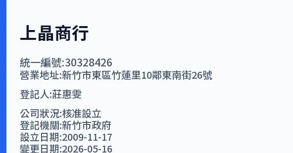 上晶商行的照片-統編 30328426(新竹市) 公司登記資料與營業項目詳細圖表