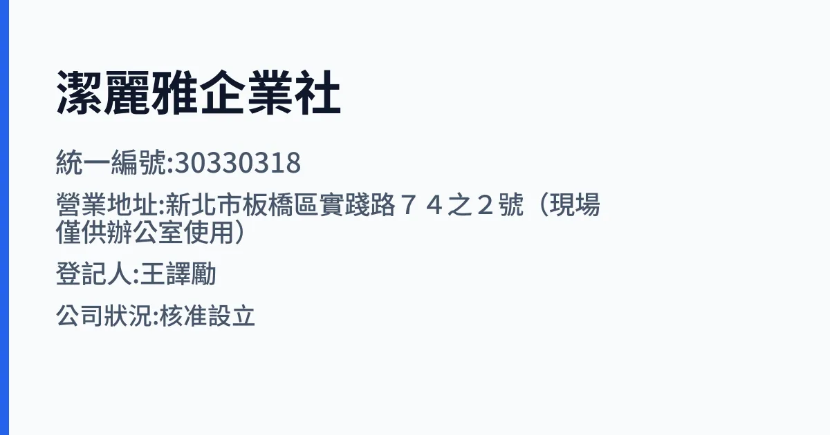 潔麗雅企業社 - 統編 30330318(新北市) 公司登記資料與營業項目詳細圖表