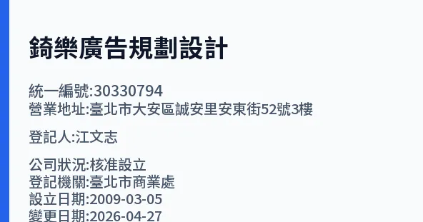 錡樂廣告規劃設計的照片-統編 30330794(臺北市) 公司登記資料與營業項目詳細圖表
