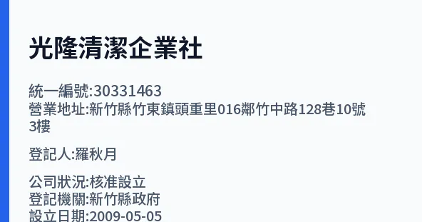 光隆清潔企業社的照片-統編 30331463(新竹縣) 公司登記資料與營業項目詳細圖表