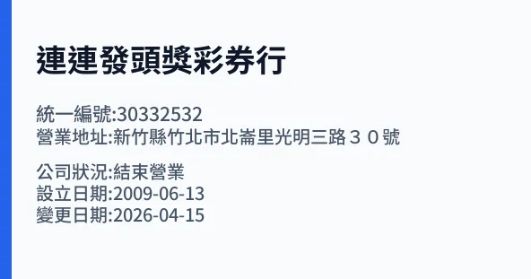連連發頭獎彩券行的照片-統編 30332532(新竹縣) 公司登記資料與營業項目詳細圖表
