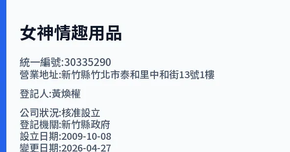 女神情趣用品的照片-統編 30335290(新竹縣) 公司登記資料與營業項目詳細圖表