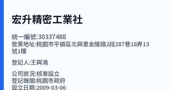 宏升精密工業社的照片-統編 30337488(桃園市) 公司登記資料與營業項目詳細圖表