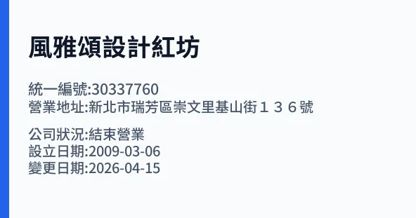 風雅頌設計紅坊的照片-統編 30337760(新北市) 公司登記資料與營業項目詳細圖表