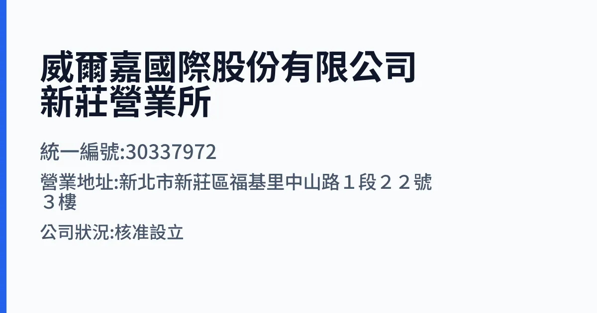 威爾嘉國際股份有限公司新莊營業所 - 統編 30337972(新北市) 公司登記資料與營業項目詳細圖表