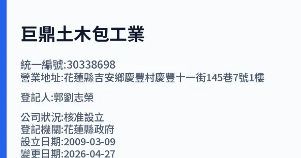 巨鼎土木包工業的照片-統編 30338698(花蓮縣) 公司登記資料與營業項目詳細圖表