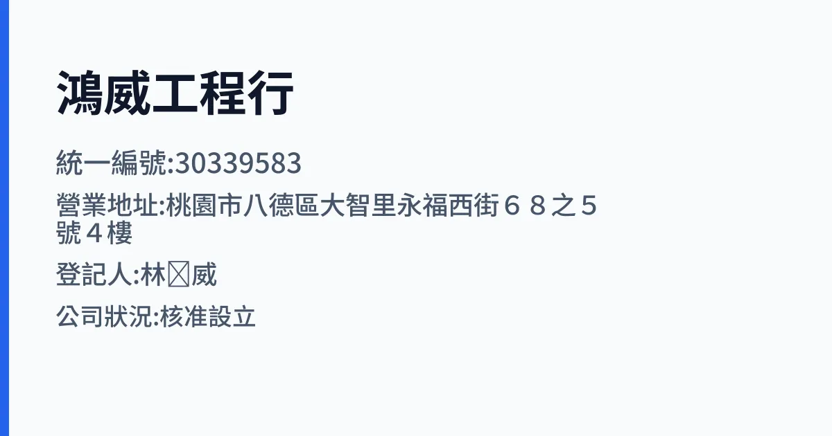 鴻威工程行 - 統編 30339583(桃園市) 公司登記資料與營業項目詳細圖表