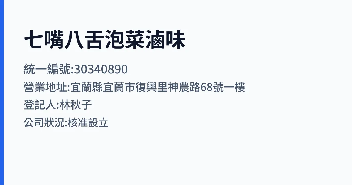 七嘴八舌泡菜滷味 - 統編 30340890（宜蘭縣） 公司登記資料與營業項目詳細圖表