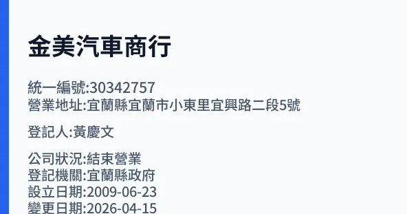 金美汽車商行的照片-統編 30342757(宜蘭縣) 公司登記資料與營業項目詳細圖表