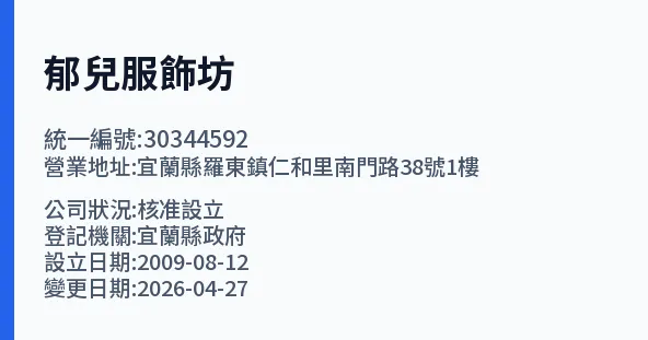 郁兒服飾坊的照片-統編 30344592(宜蘭縣) 公司登記資料與營業項目詳細圖表