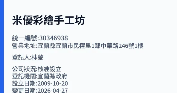 米優彩繪手工坊的照片-統編 30346938(宜蘭縣) 公司登記資料與營業項目詳細圖表