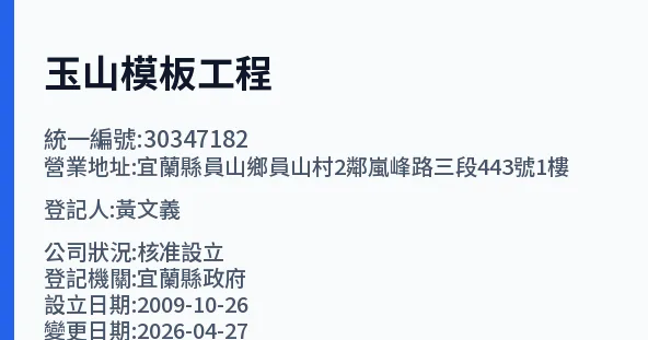 玉山模板工程的照片-統編 30347182(宜蘭縣) 公司登記資料與營業項目詳細圖表