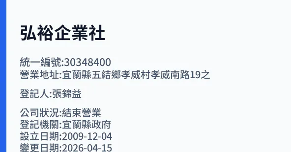 弘裕企業社的照片-統編 30348400(宜蘭縣) 公司登記資料與營業項目詳細圖表