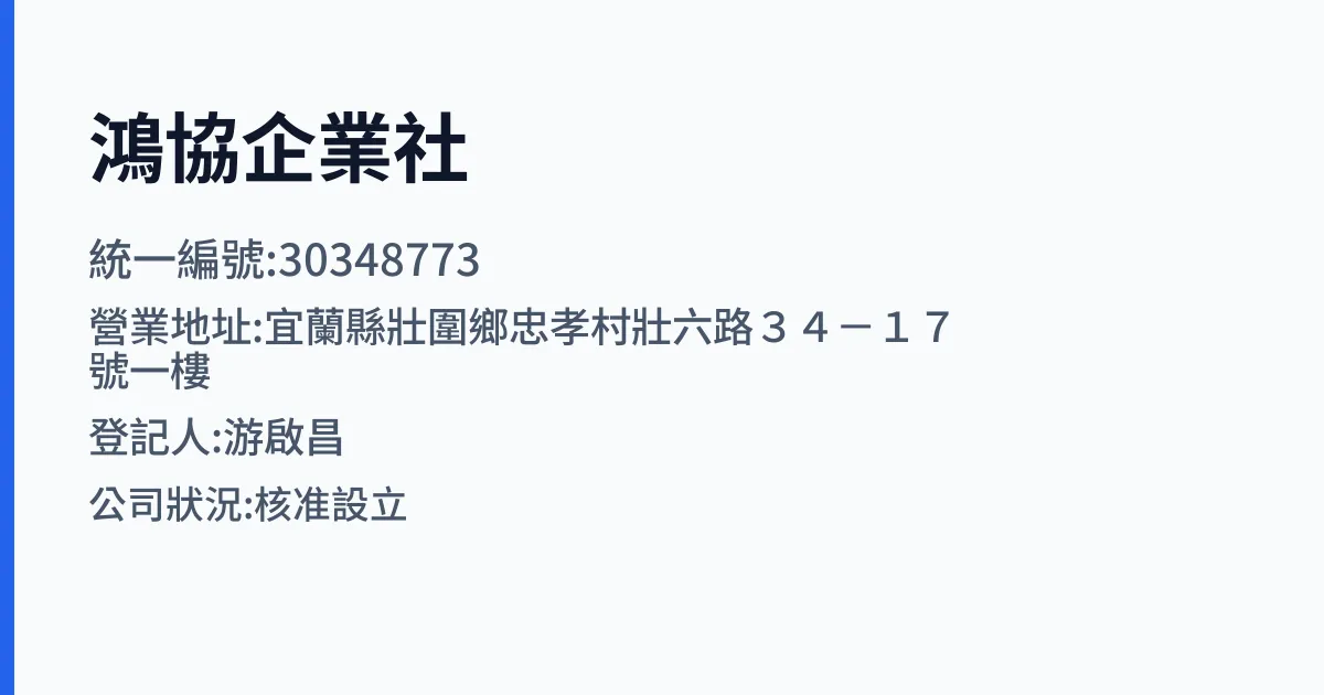 鴻協企業社 - 統編 30348773(宜蘭縣) 公司登記資料與營業項目詳細圖表
