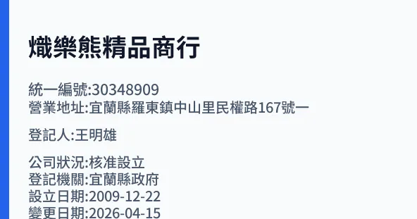 熾樂熊精品商行的照片-統編 30348909(宜蘭縣) 公司登記資料與營業項目詳細圖表