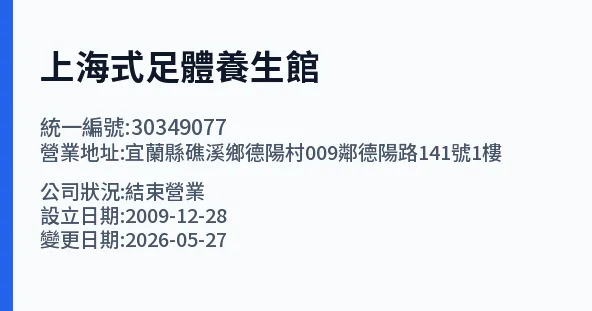 上海式足體養生館的照片-統編 30349077(宜蘭縣) 公司登記資料與營業項目詳細圖表