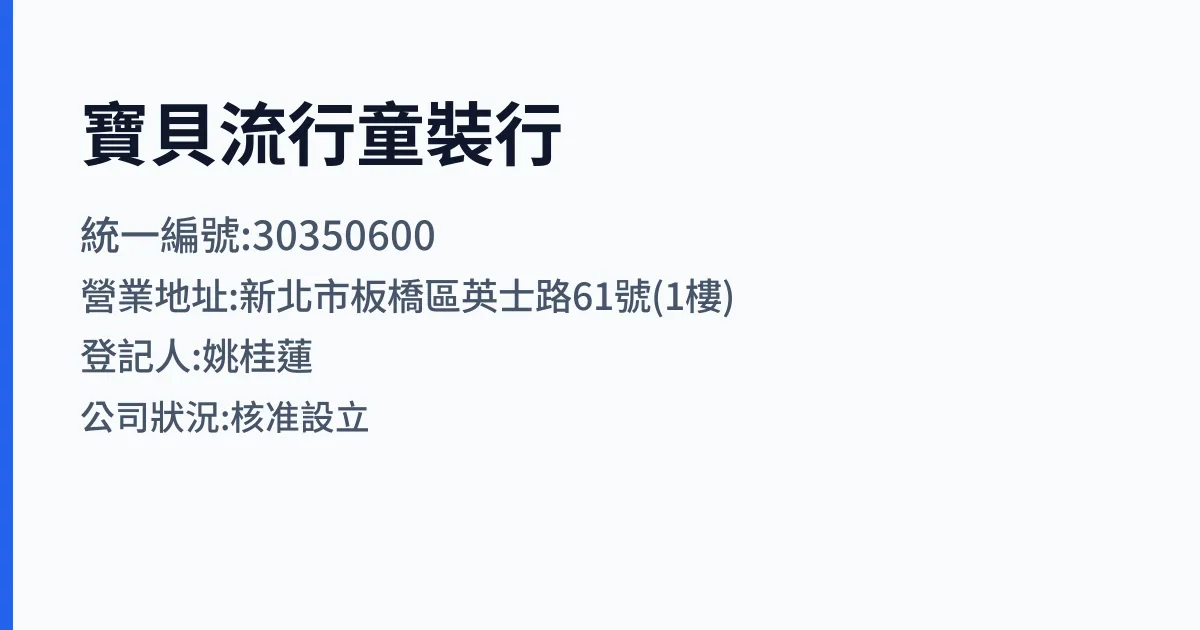 寶貝流行童裝行 - 統編 30350600(新北市) 公司登記資料與營業項目詳細圖表