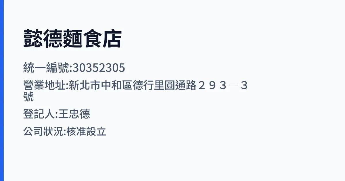 懿德麵食店 - 統編 30352305(新北市) 公司登記資料與營業項目詳細圖表